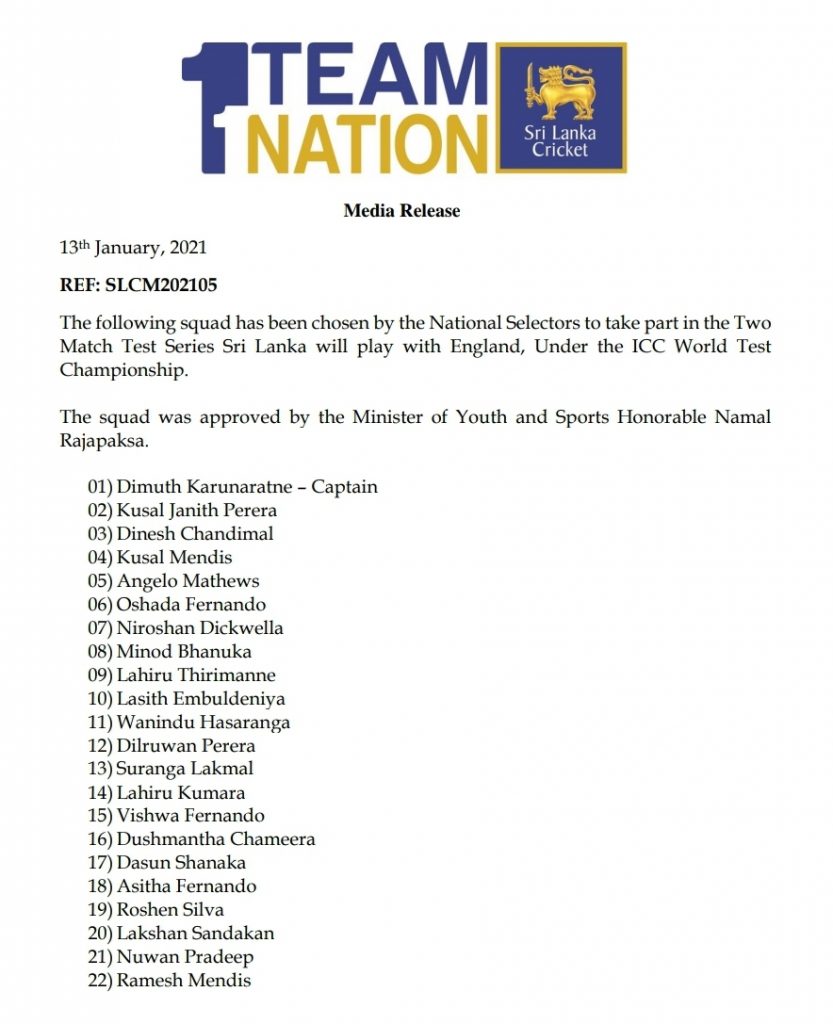 Sri Lanka 22 member squad for England series revealed - Ceylon Independent